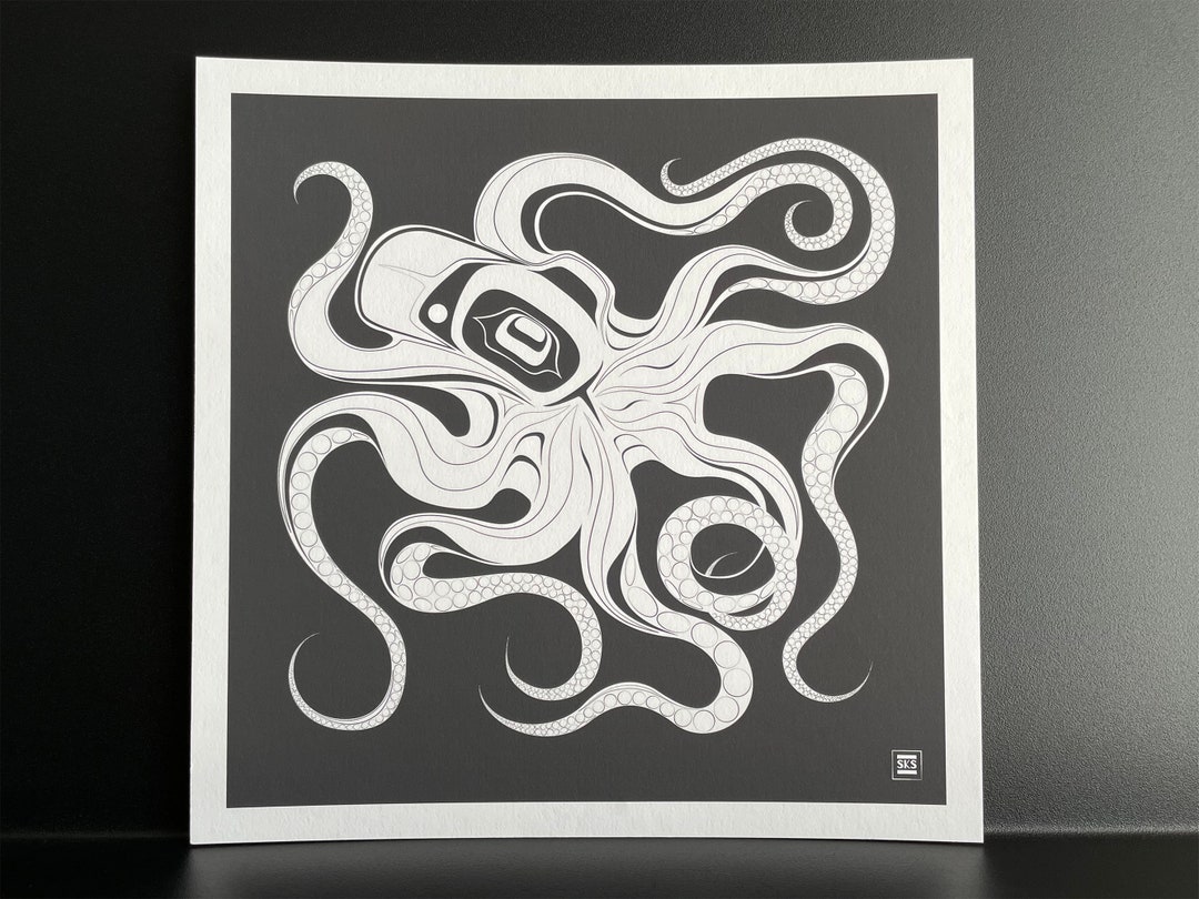 Native Northwest Coast Tlingit Octopus Giclee Print - White/grey, Right ...