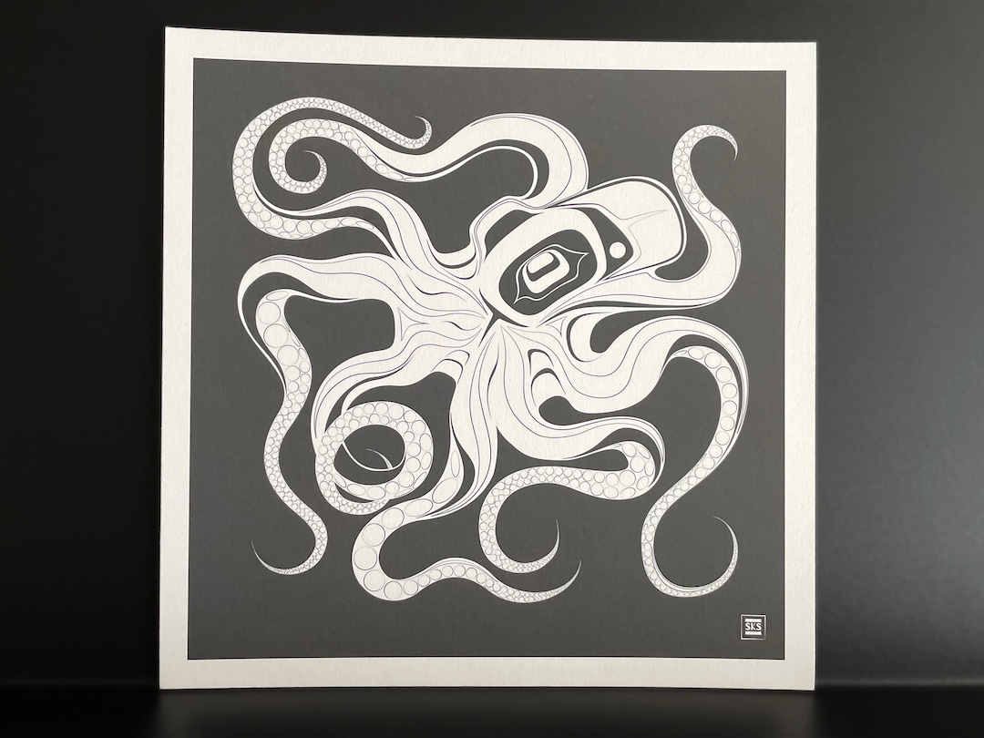 Native Northwest Coast Tlingit Octopus Giclee Print - White/grey, Left ...