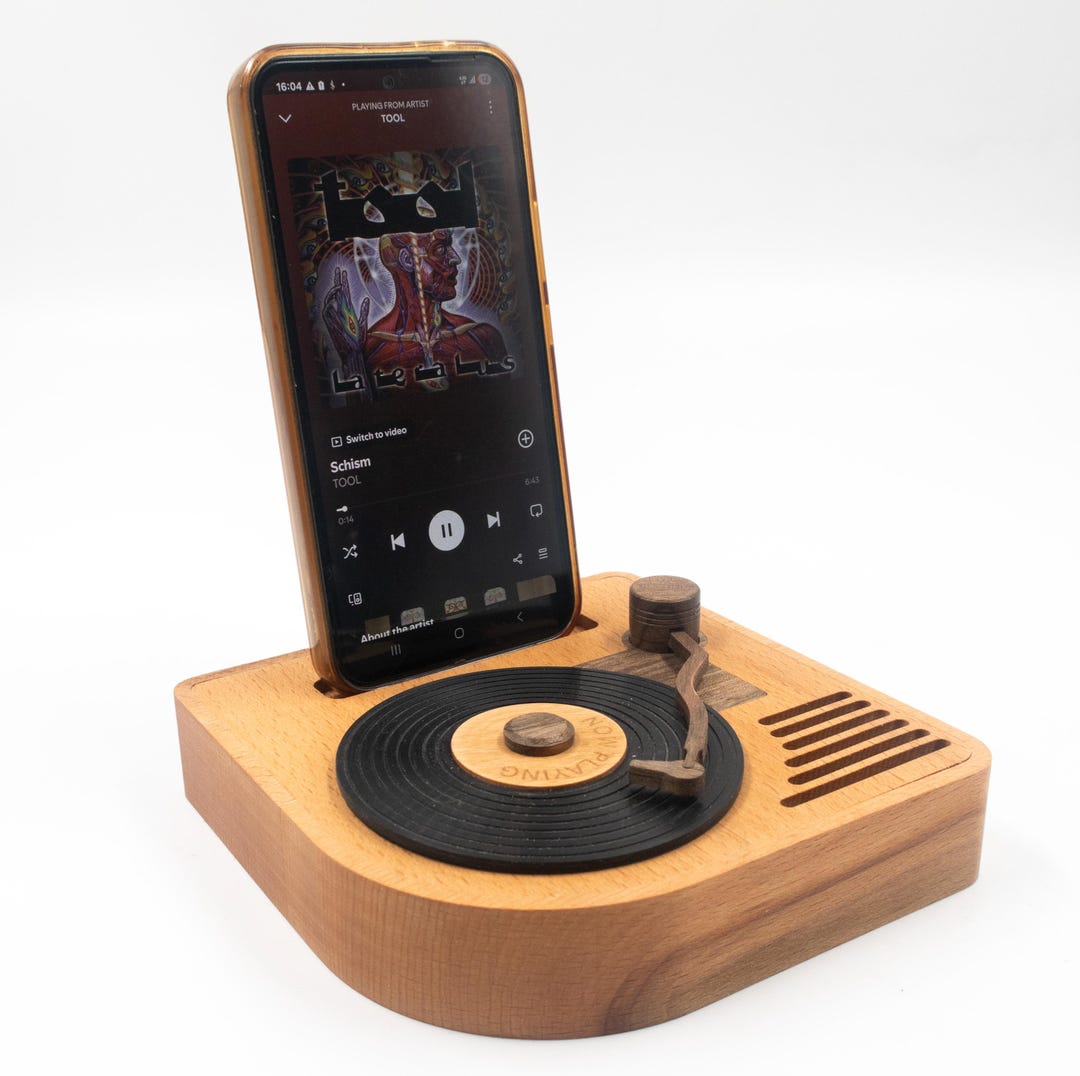 Handmade Wooden Turntable Phone Stand: Moving Tonearm, Walnut & Beech ...
