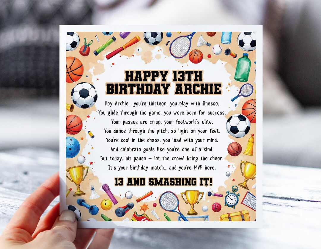 13th Birthday Card for Sporty Boy | Funny Poem Card for Son, Grandson ...