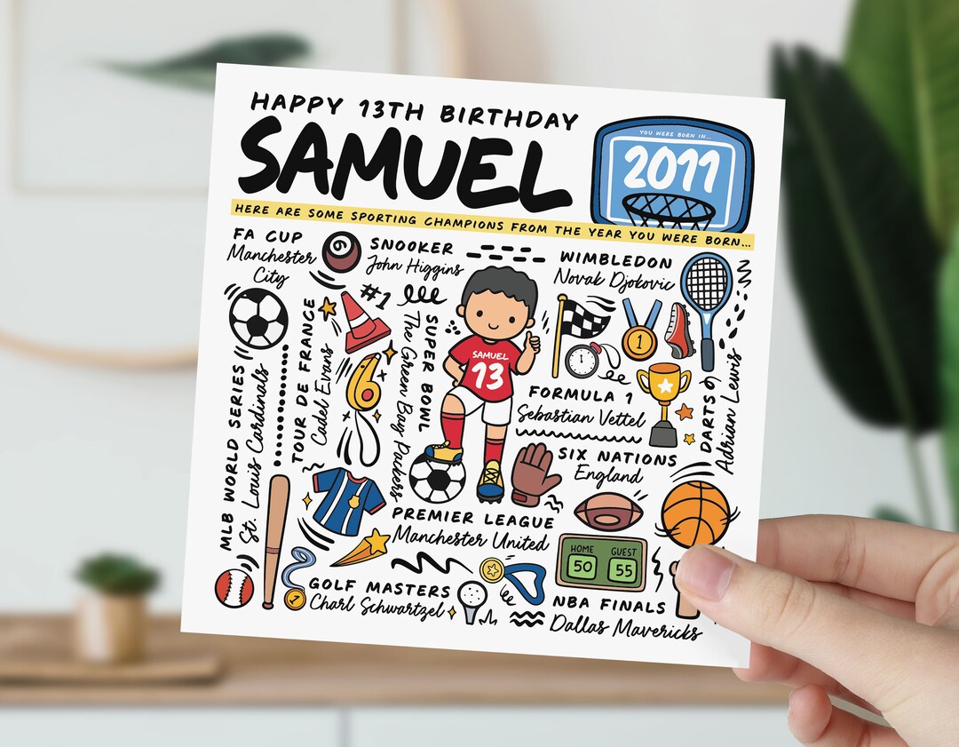 Personalised 13th Birthday Card for Boy Sport Facts Card for Son ...
