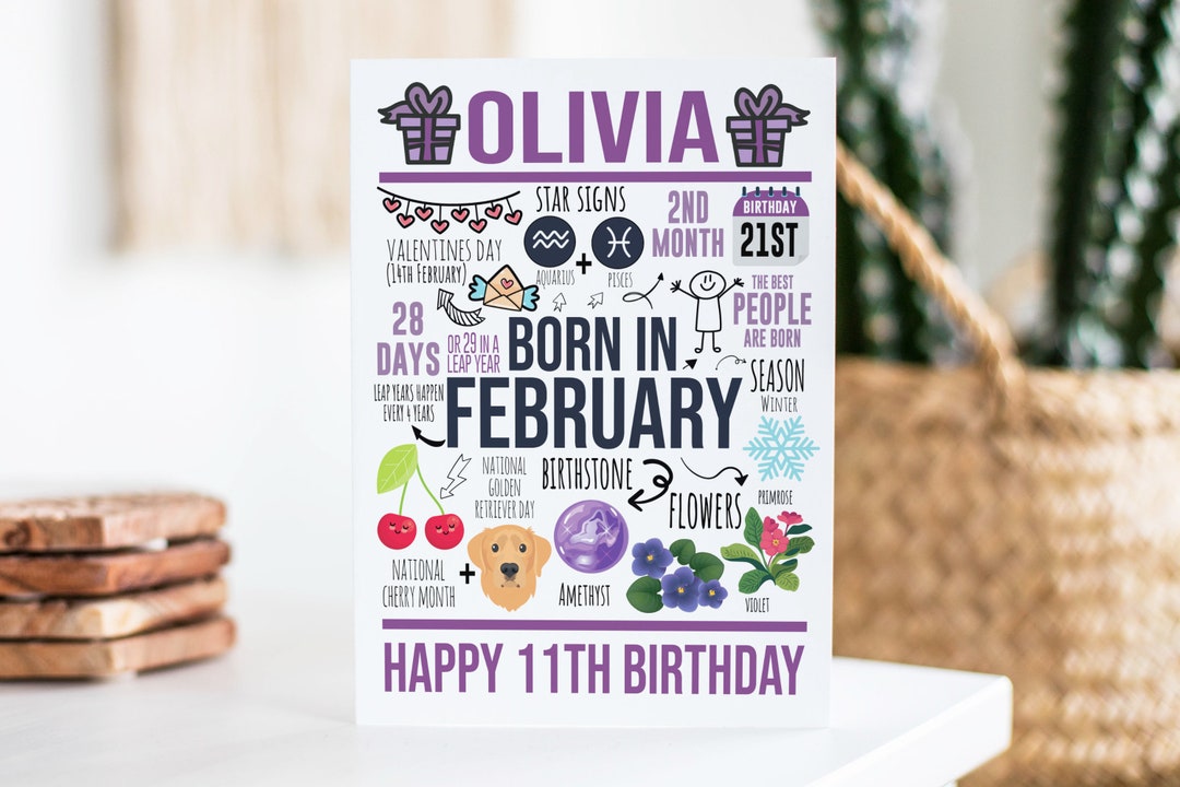 Personalised 11th Birthday Card for Girl, Her Month Facts Greetings ...