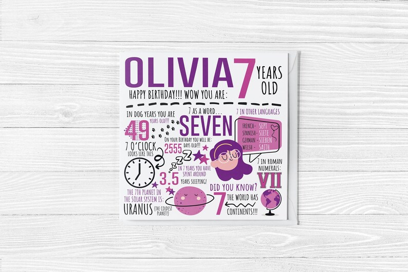 Personalised 7th Birthday Card for Girl 7th Birthday Card - Etsy
