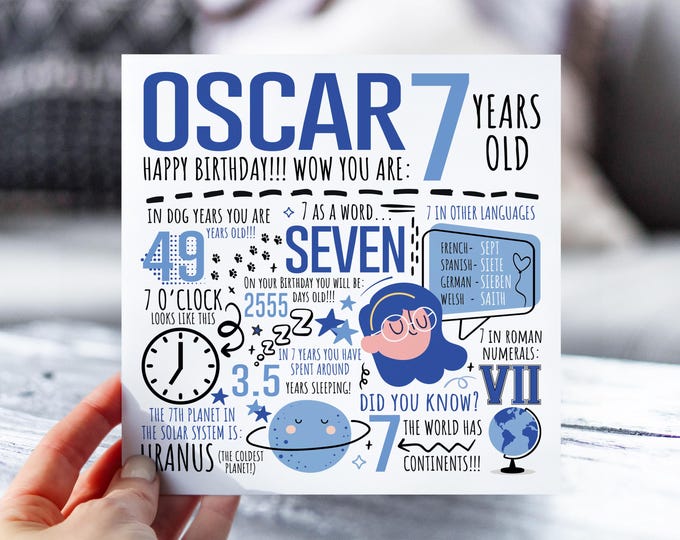 7th Birthday Card for Children, Shiny Stars Design, Handmade and ...