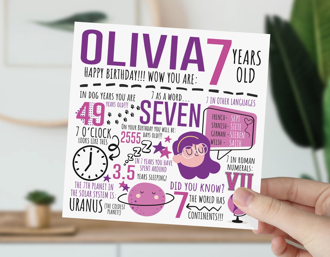 Personalised 7th Birthday Card for Girl 7th Birthday Card for Daughter ...