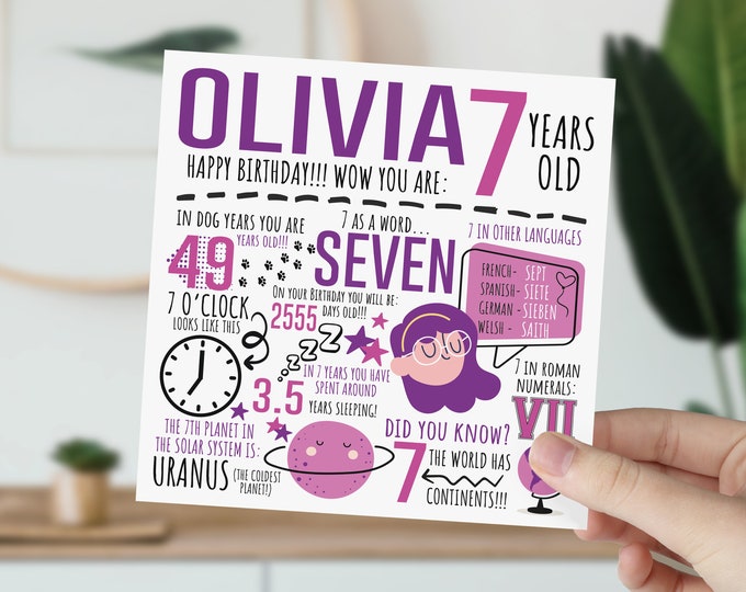 Personalised 7th Birthday Card for Girl 7th Birthday Card for Daughter ...