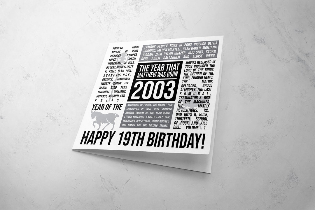 Personalised 19th Birthday Card Born in 2003 Card for 19 - Etsy