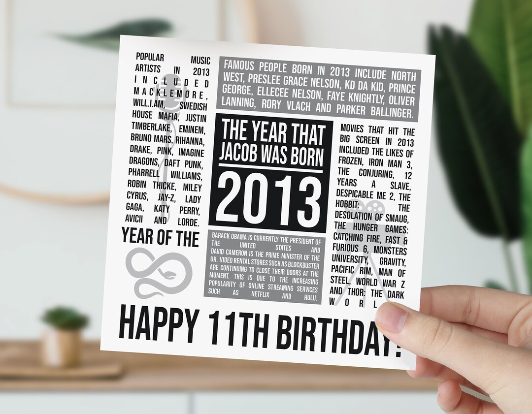 Personalised 11th Birthday Card Born in 2013 Card for 11 Year Old Son ...