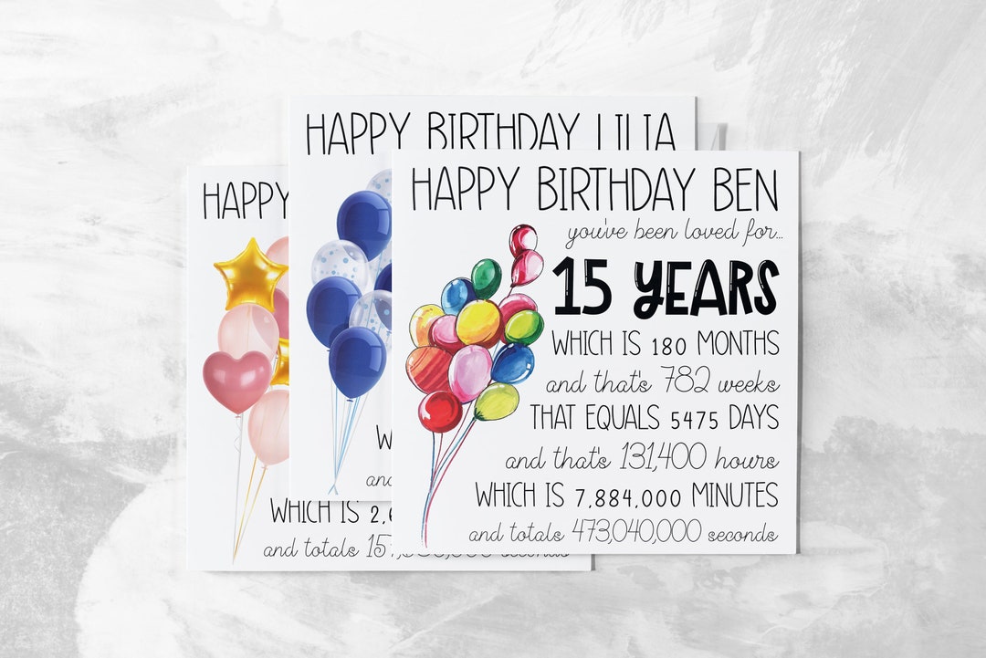 Personalised 15th Birthday Card 15 Year Old Balloon Card Happy 15th ...