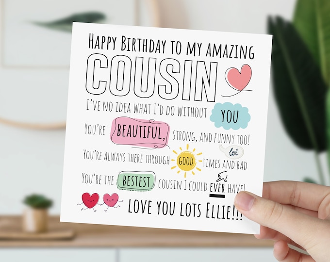 Personalised Cousin Birthday Card | Card for Her | Greetings Card for Cousin, Friend, Family ...