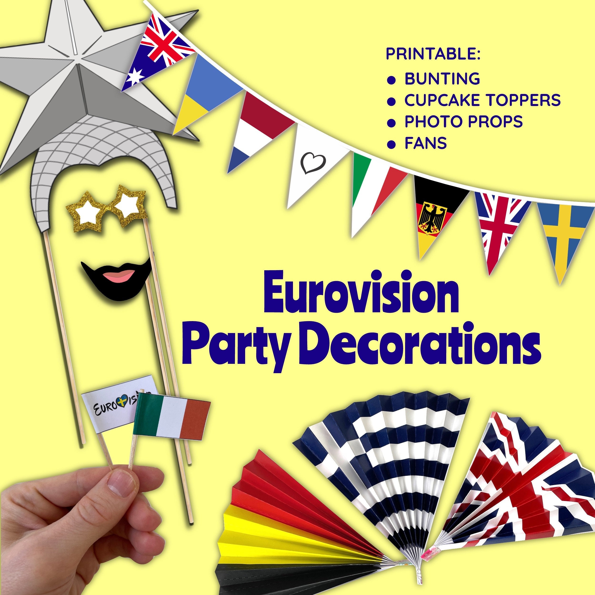 Printable Eurovision Party Decorations Bundle Flag Bunting, Cupcake ...