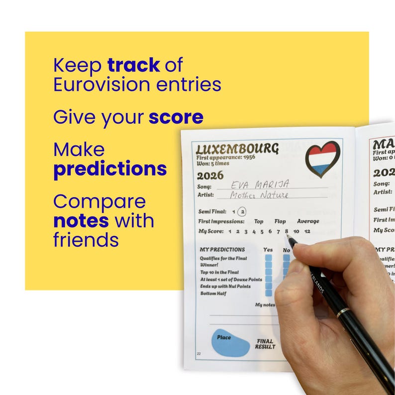 Printable 2026 Eurovision Journal, Personal Scorecards and Prediction ...