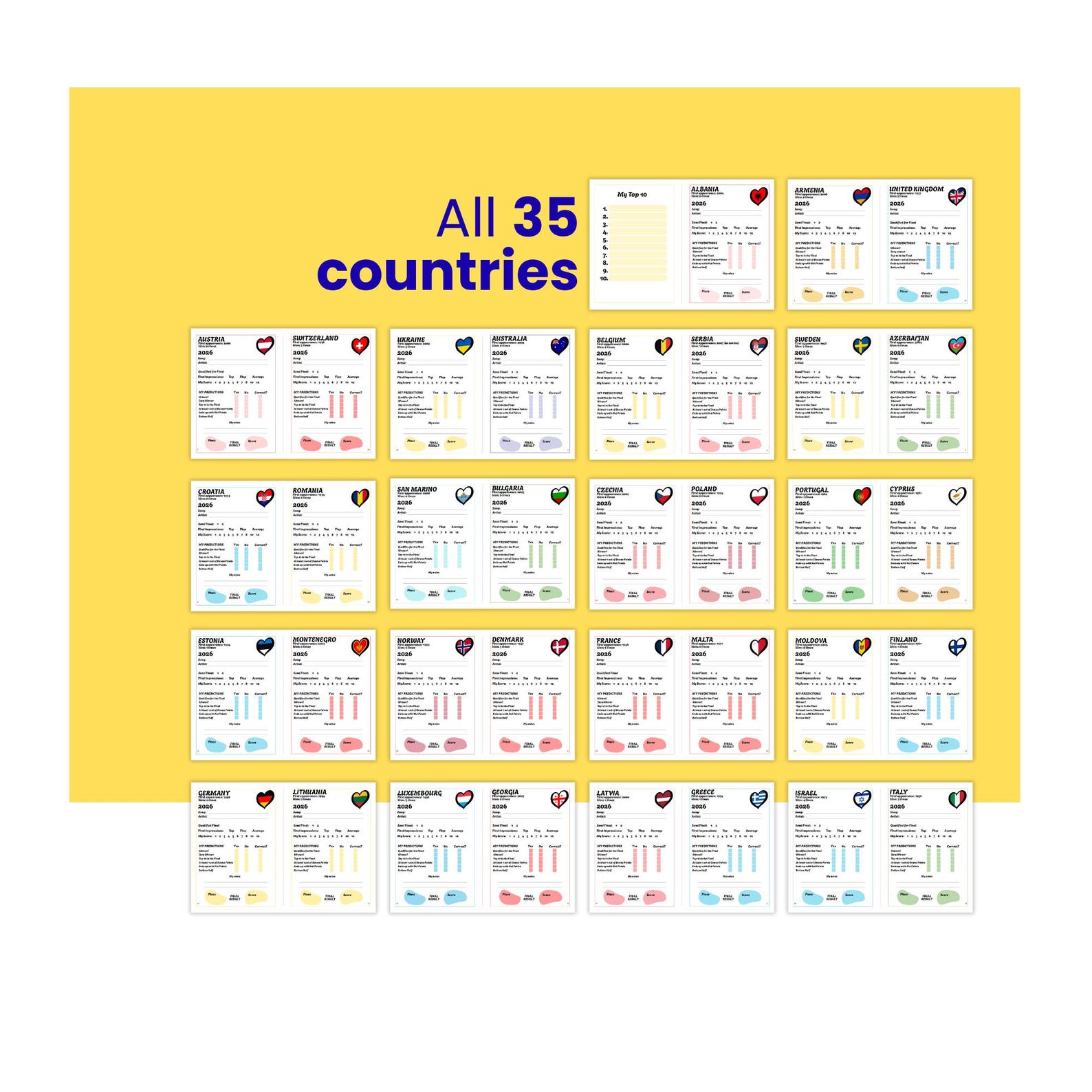 Printable 2026 Eurovision Journal, Personal Scorecards and Prediction ...