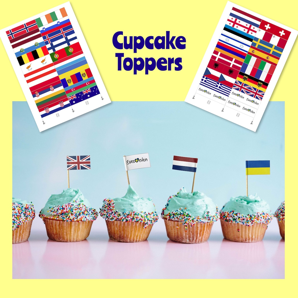 Printable Eurovision Party Decorations Bundle Flag Bunting, Cupcake ...