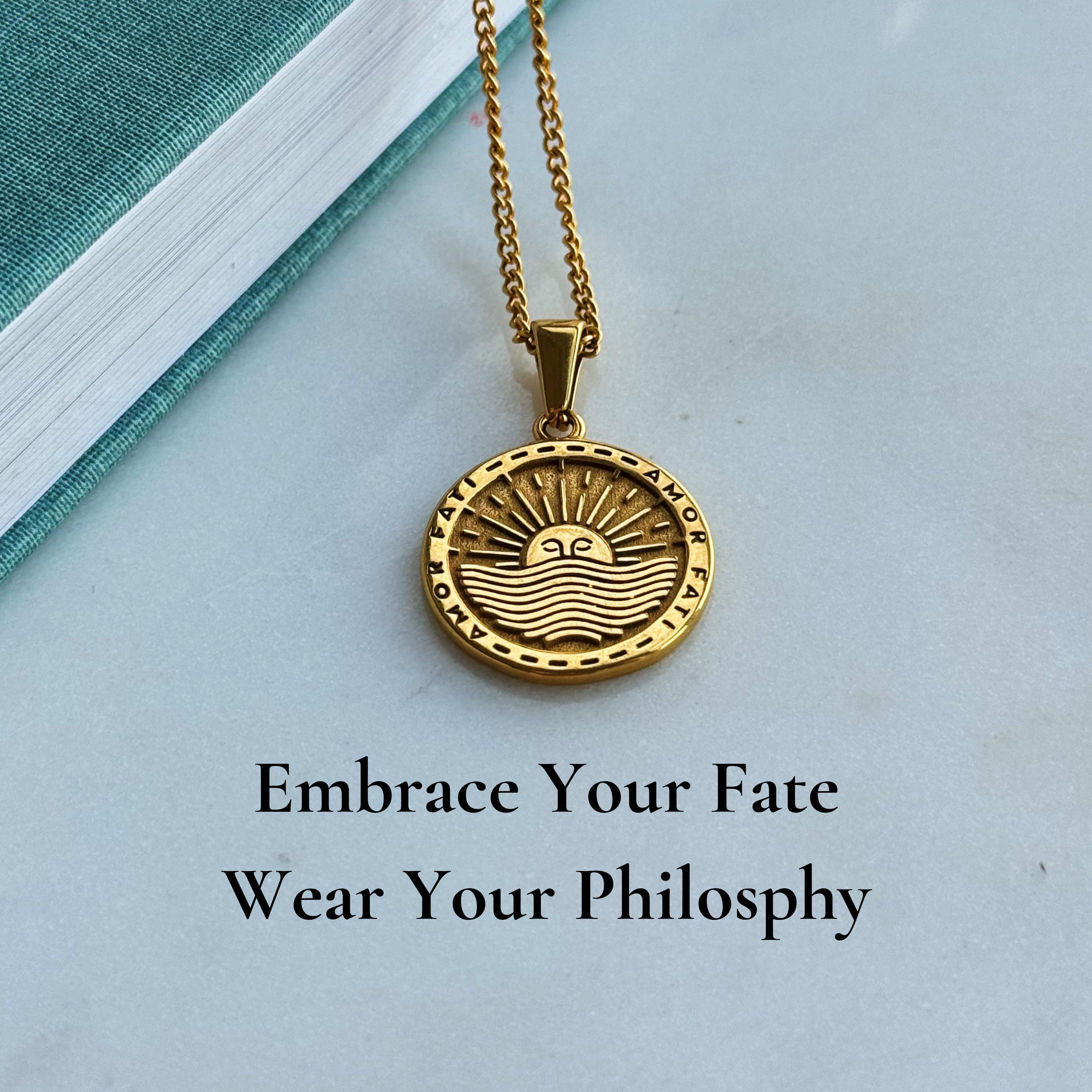 18K Gold Necklace Stoic Pendant - Amor Fati Sun Necklace - Etsy