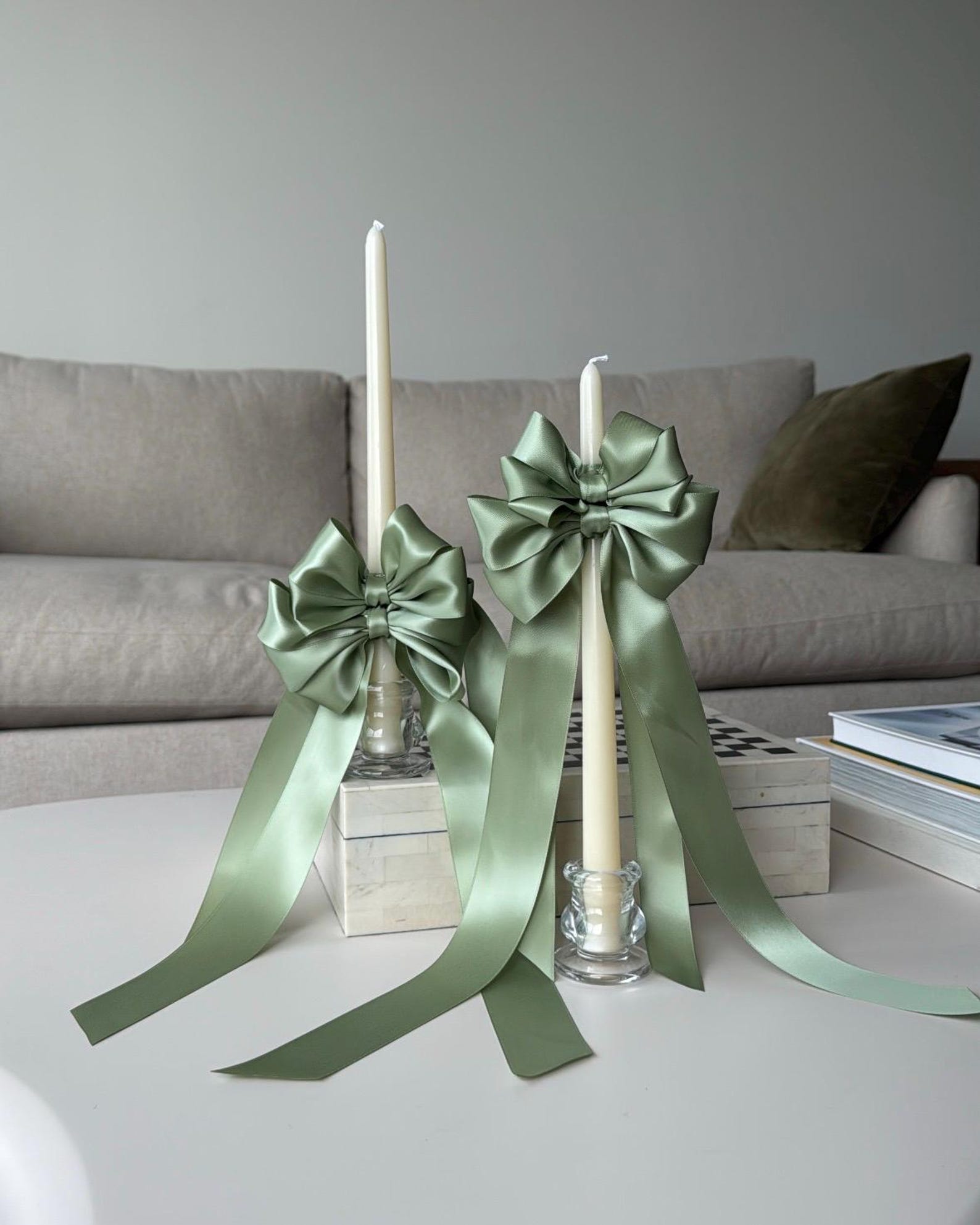 Satin Bow Taper Candles: Ivory Wedding, Event, Shower Centerpiece Set ...