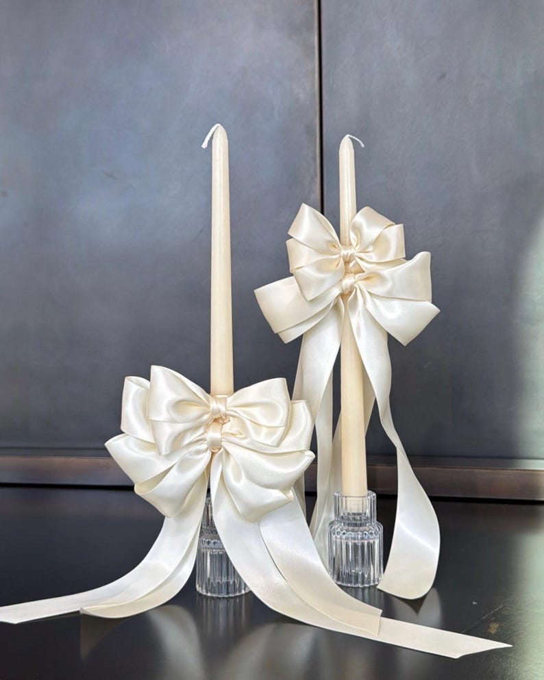 Satin Bow Taper Candles: Ivory Wedding, Event, Shower Centerpiece Set ...