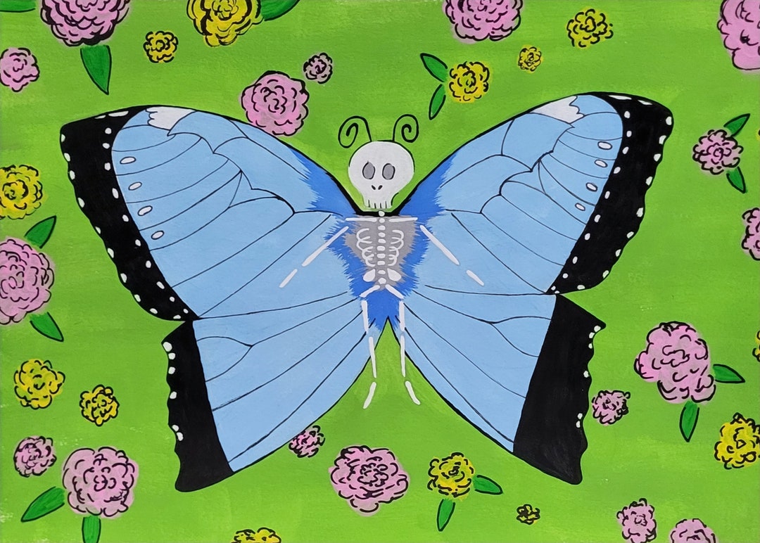 Skeleton Butterfly With Pink and Yellow Flowers Painting - Etsy
