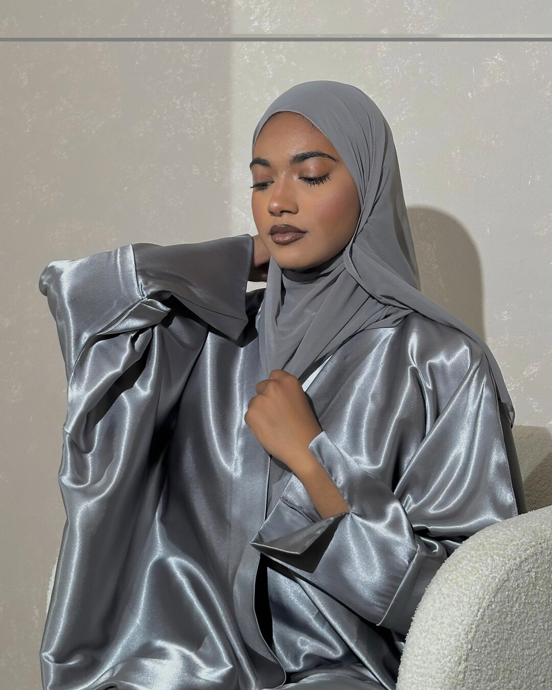 Three Piece Set Premium Satin Abaya And Inner Dress Silver Etsy