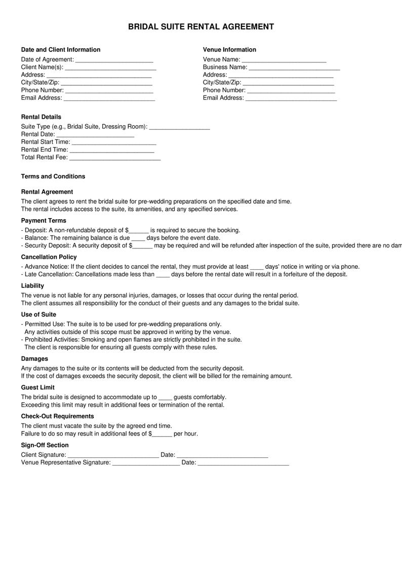 Bridal Suite Rental Agreement | Pre-wedding Venue Contract | Editable ...