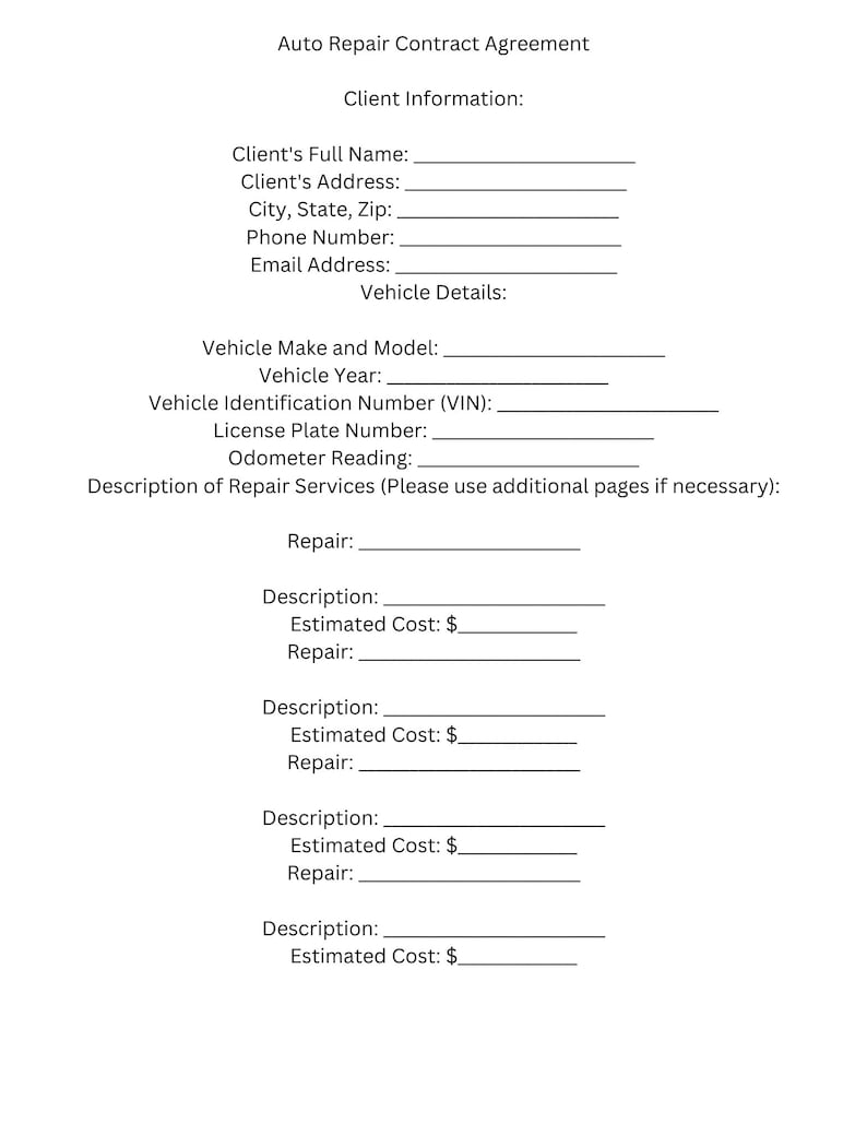 Professional Auto Repair Contract - Etsy