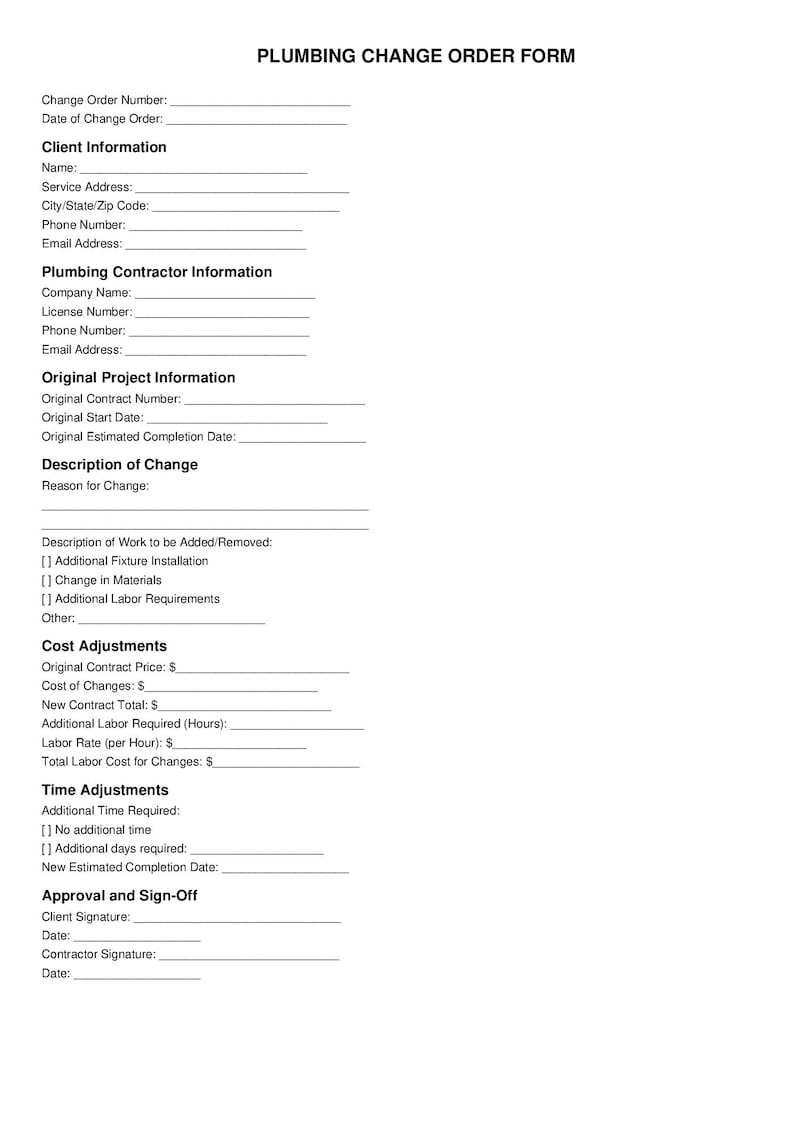 Plumbing Change Order Form | Printable Change Order Template | Editable ...