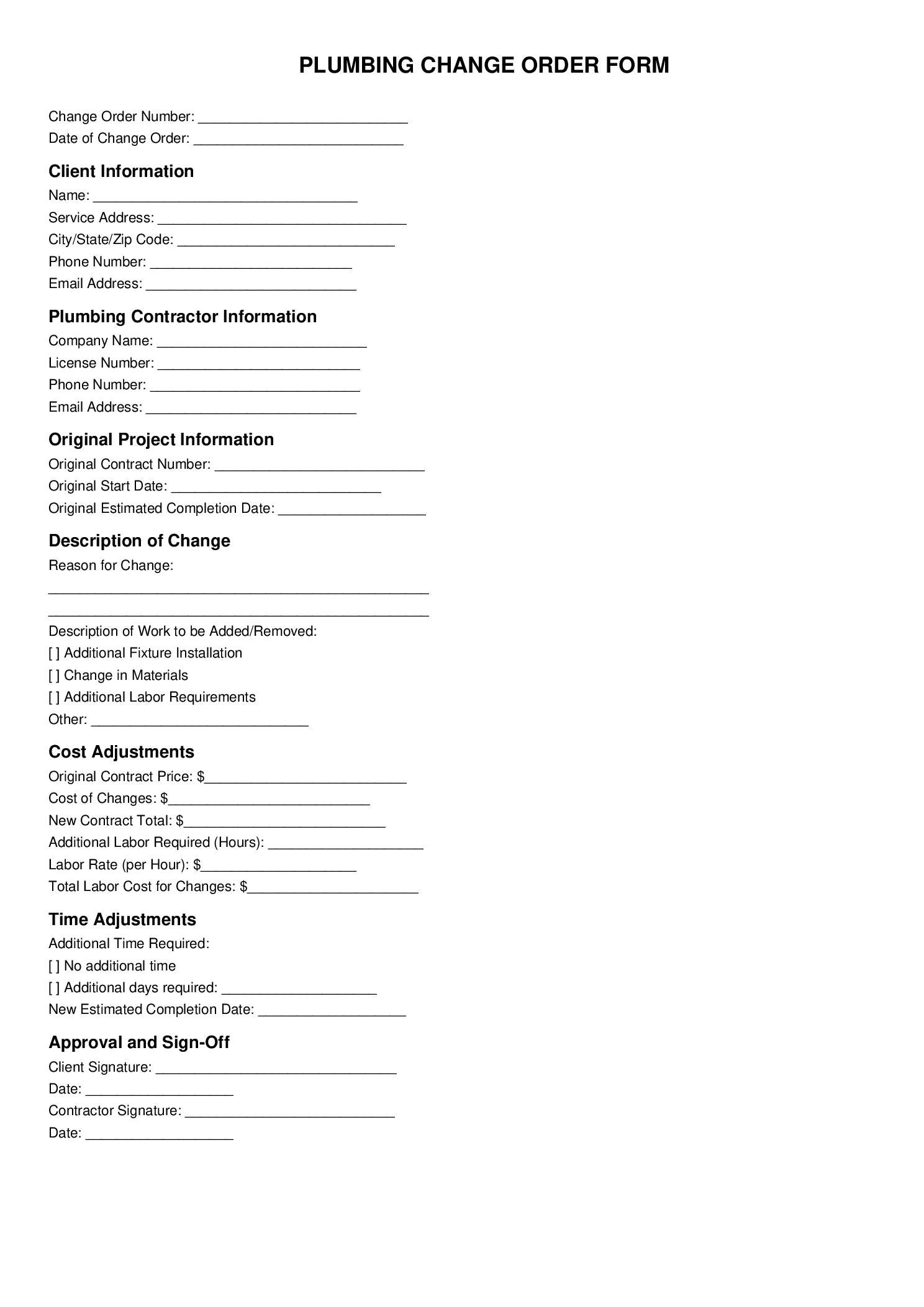 Plumbing Change Order Form | Printable Change Order Template | Editable ...