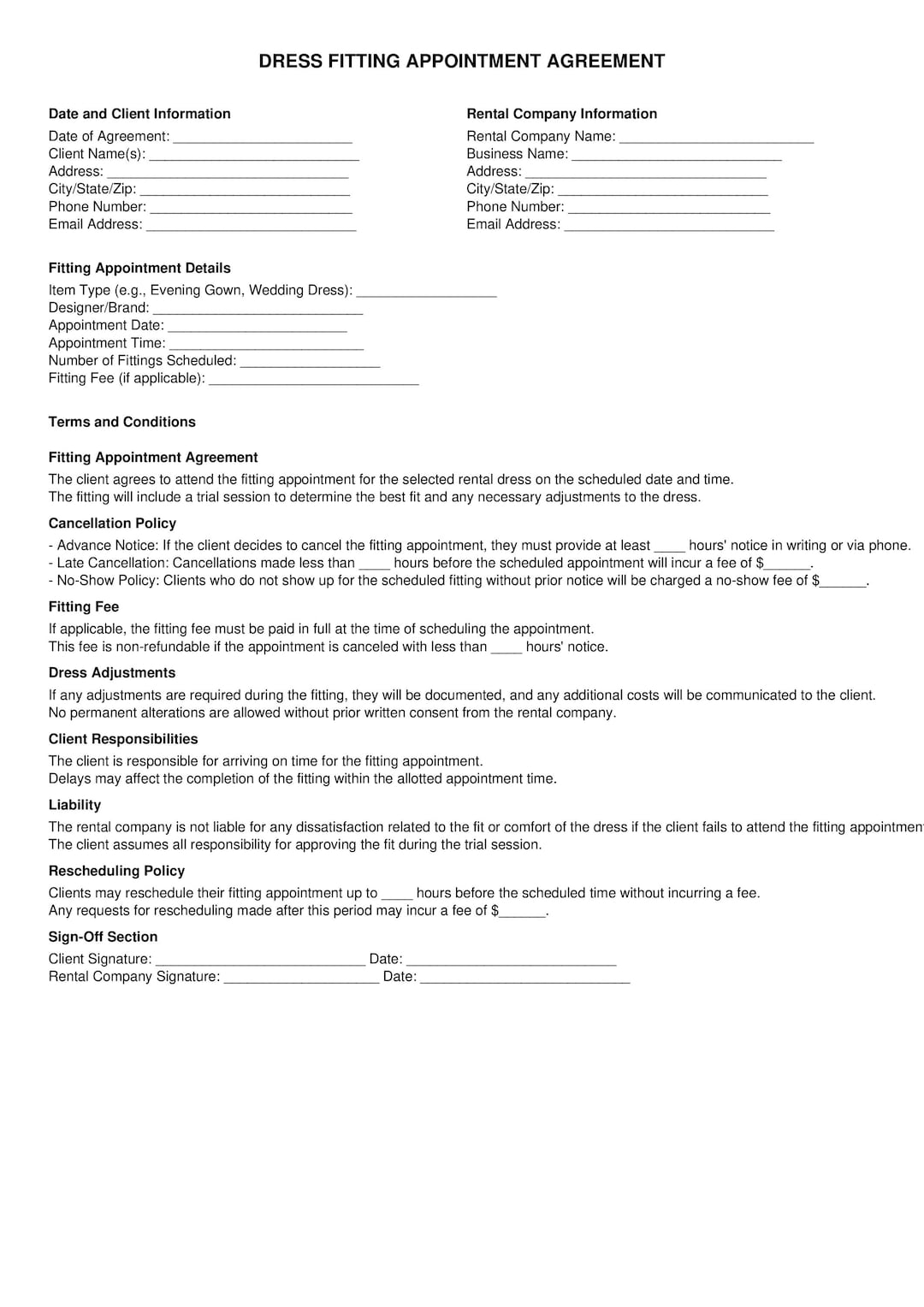 Dress Fitting Appointment Agreement | Fitting and Trial Session ...