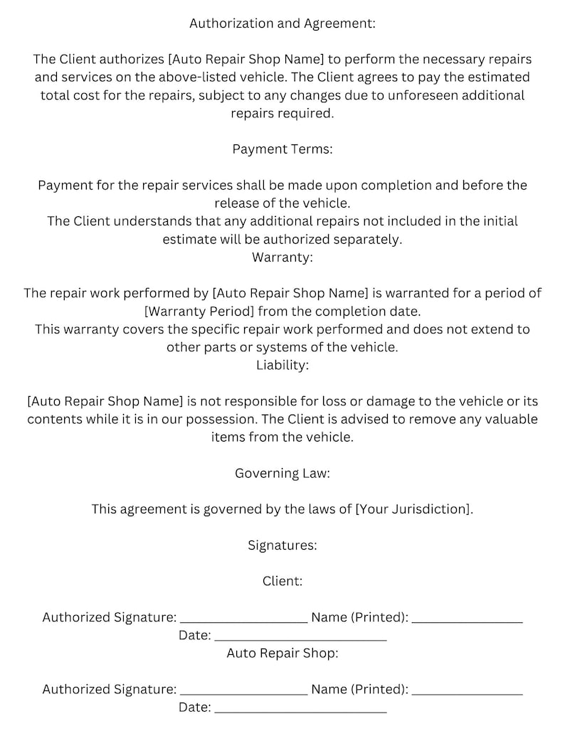 Professional Auto Repair Contract - Etsy