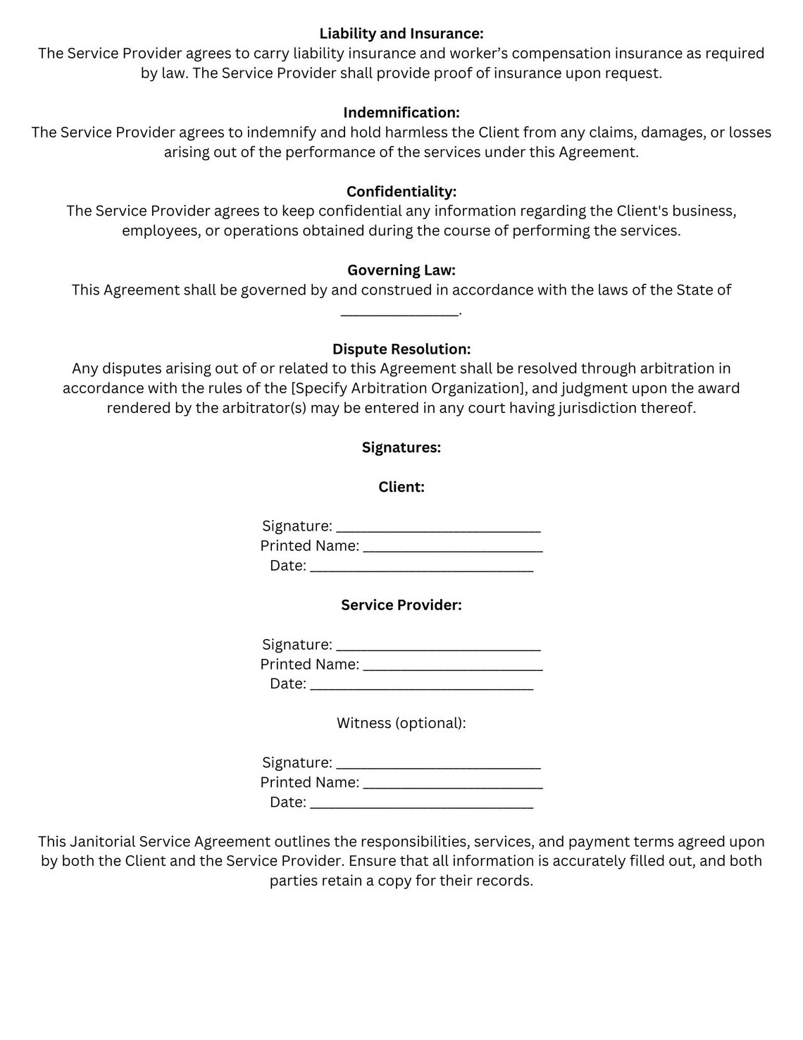 Janitorial Service Agreement-template Download - Etsy Canada