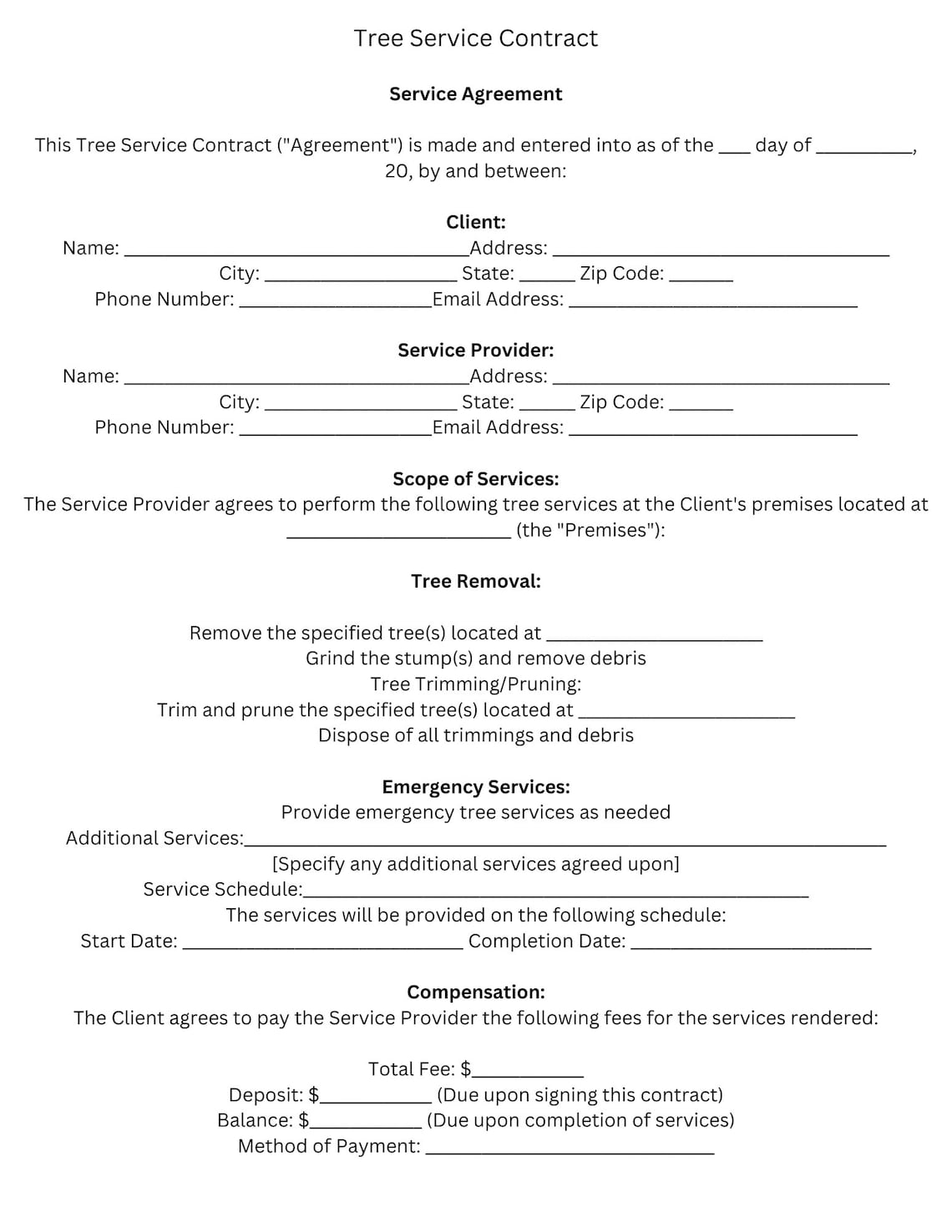 Tree Service Contract Agreement -template Download - Etsy