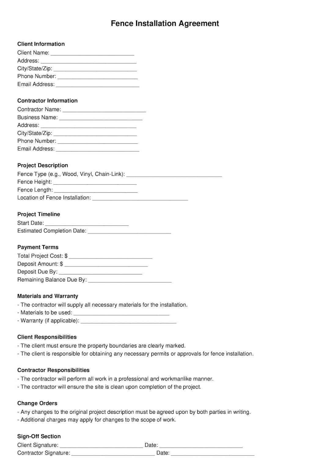 Fence Installation Agreement | Fence Contract | Editable PDF - Etsy