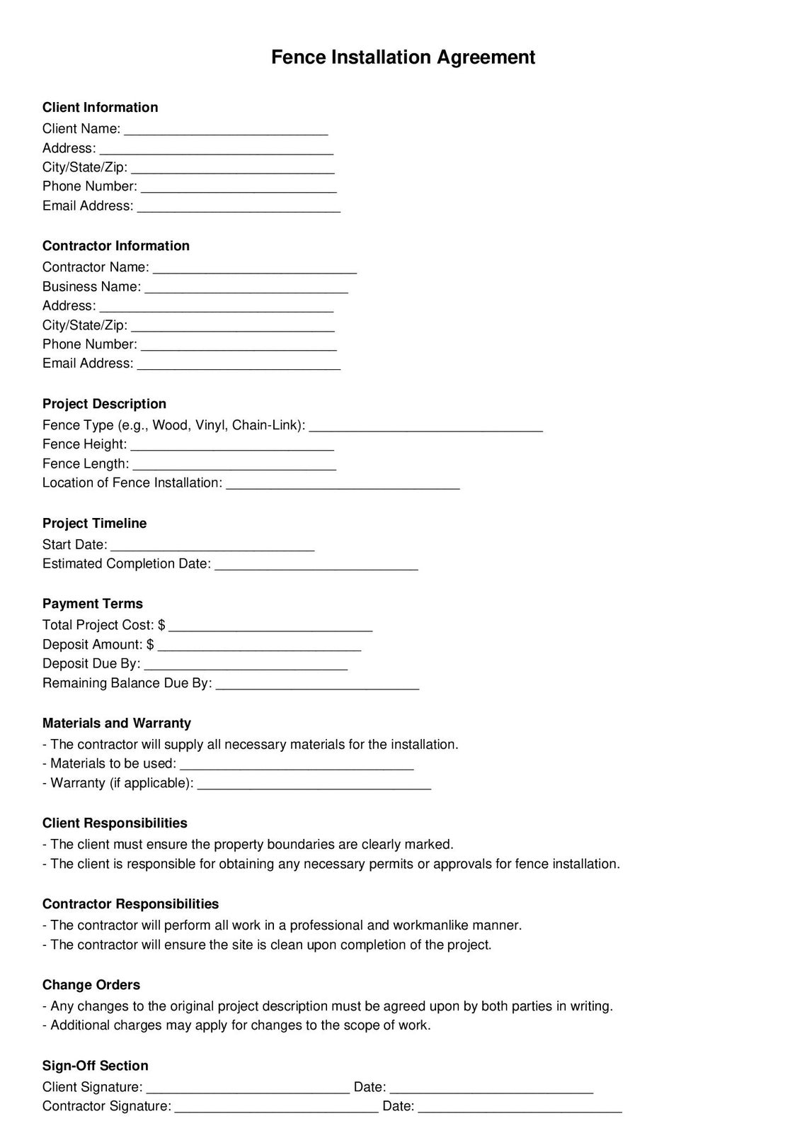 Fence Installation Agreement | Fence Contract | Editable PDF - Etsy