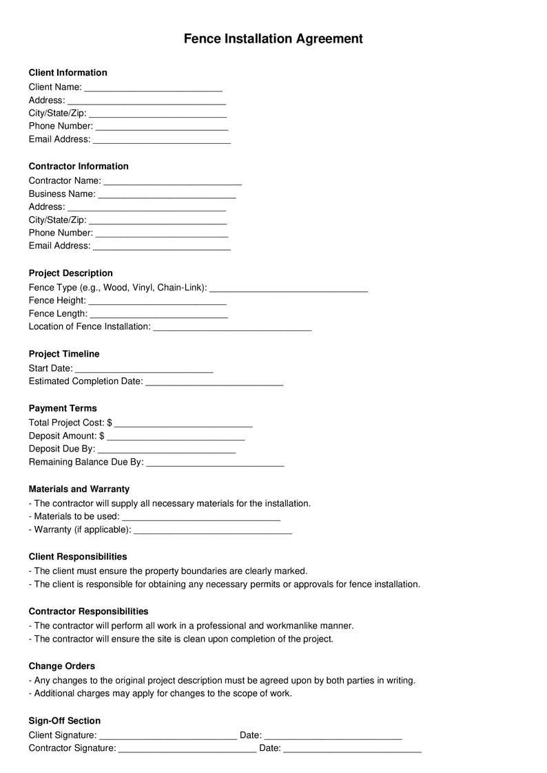 Fence Installation Agreement | Fence Contract | Editable PDF - Etsy