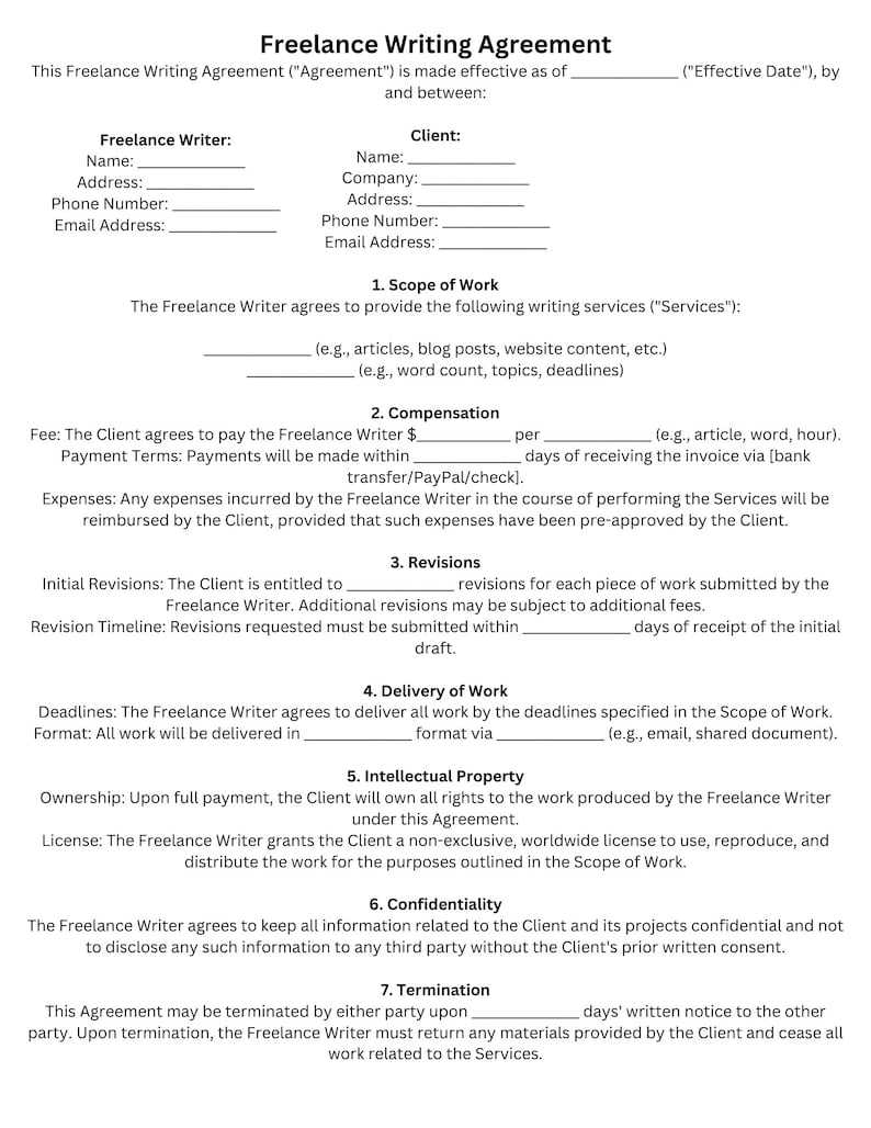 Freelance Writing Agreement-template, PDF - Etsy