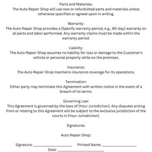 Auto Repair Work Agreement Template - Etsy