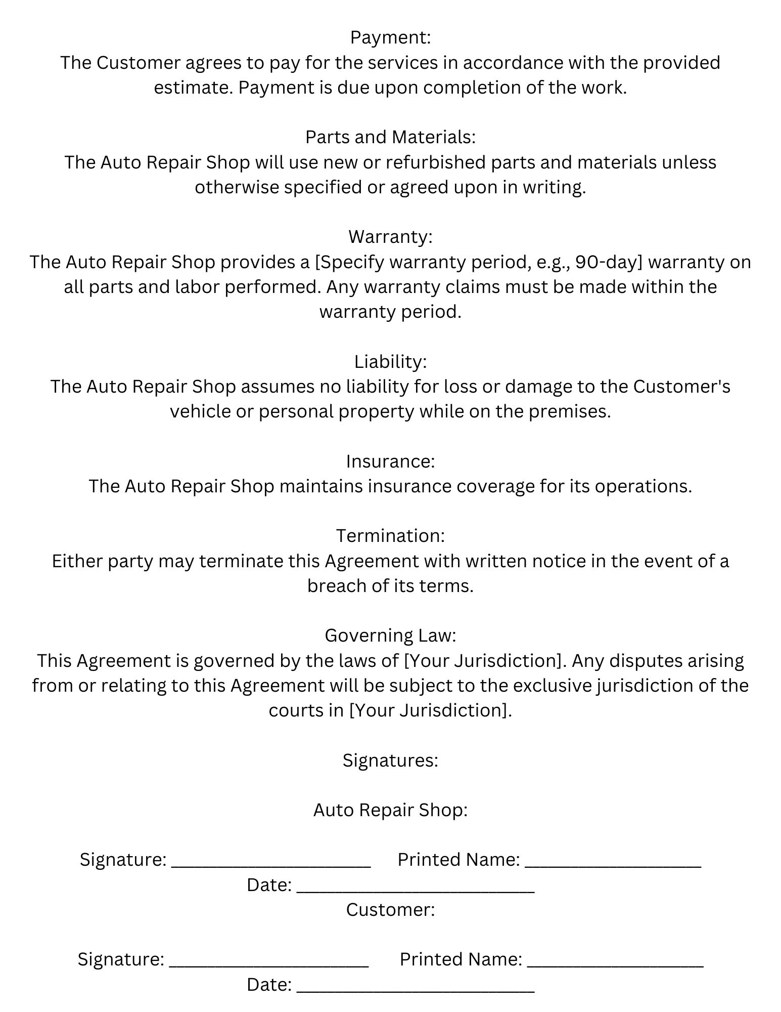 Auto Repair Work Agreement Template - Etsy