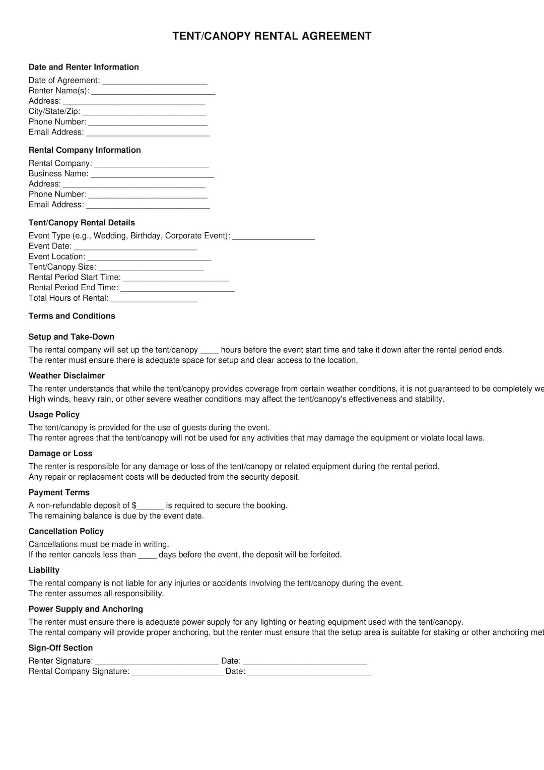 Tent/canopy Rental Agreement | Outdoor Event Contract | Editable PDF - Etsy