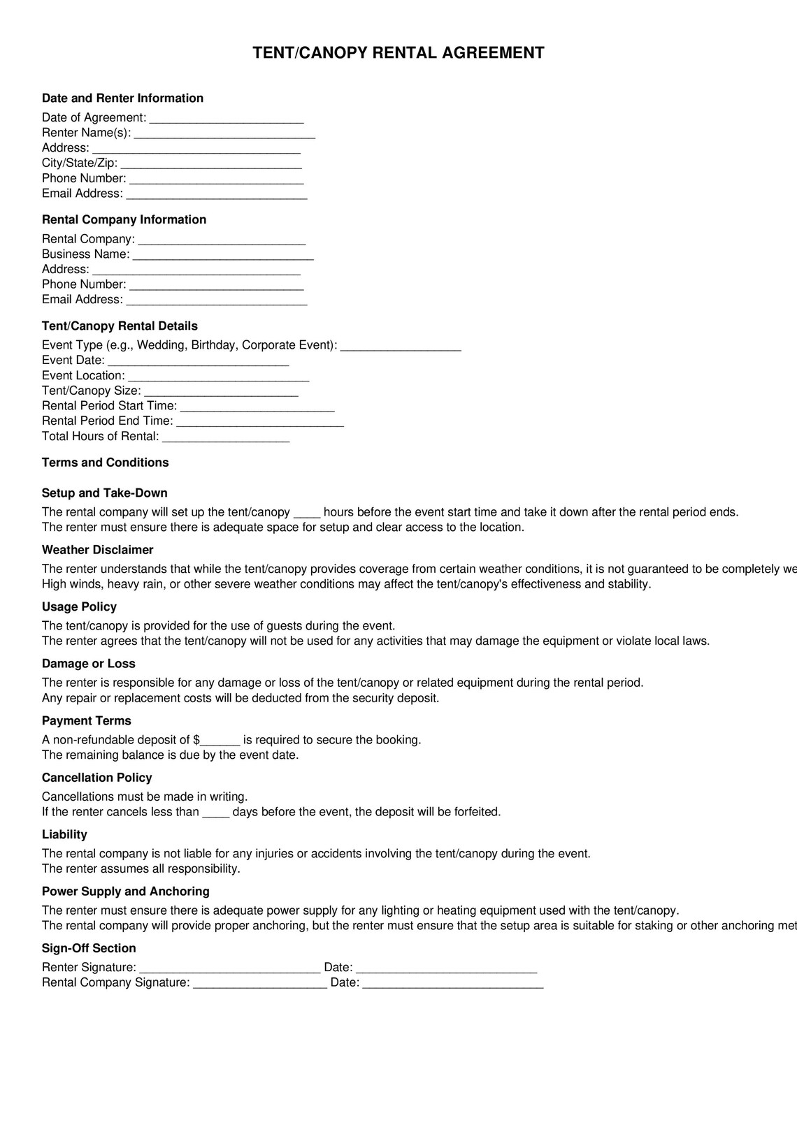 Tent/canopy Rental Agreement | Outdoor Event Contract | Editable PDF - Etsy