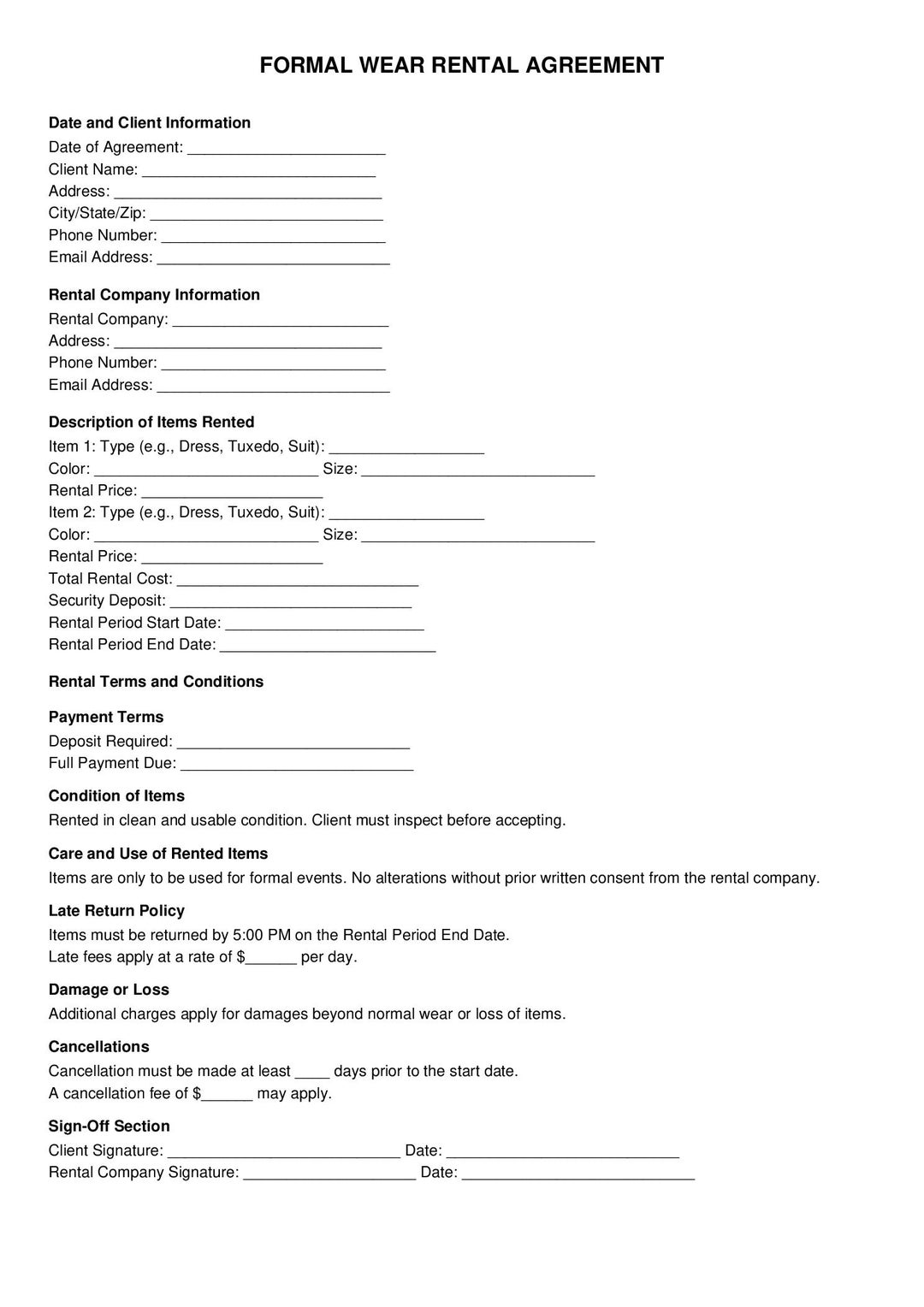 Formal Wear Rental Agreement | Dress, Suit, Tuxedo Rental Contract ...
