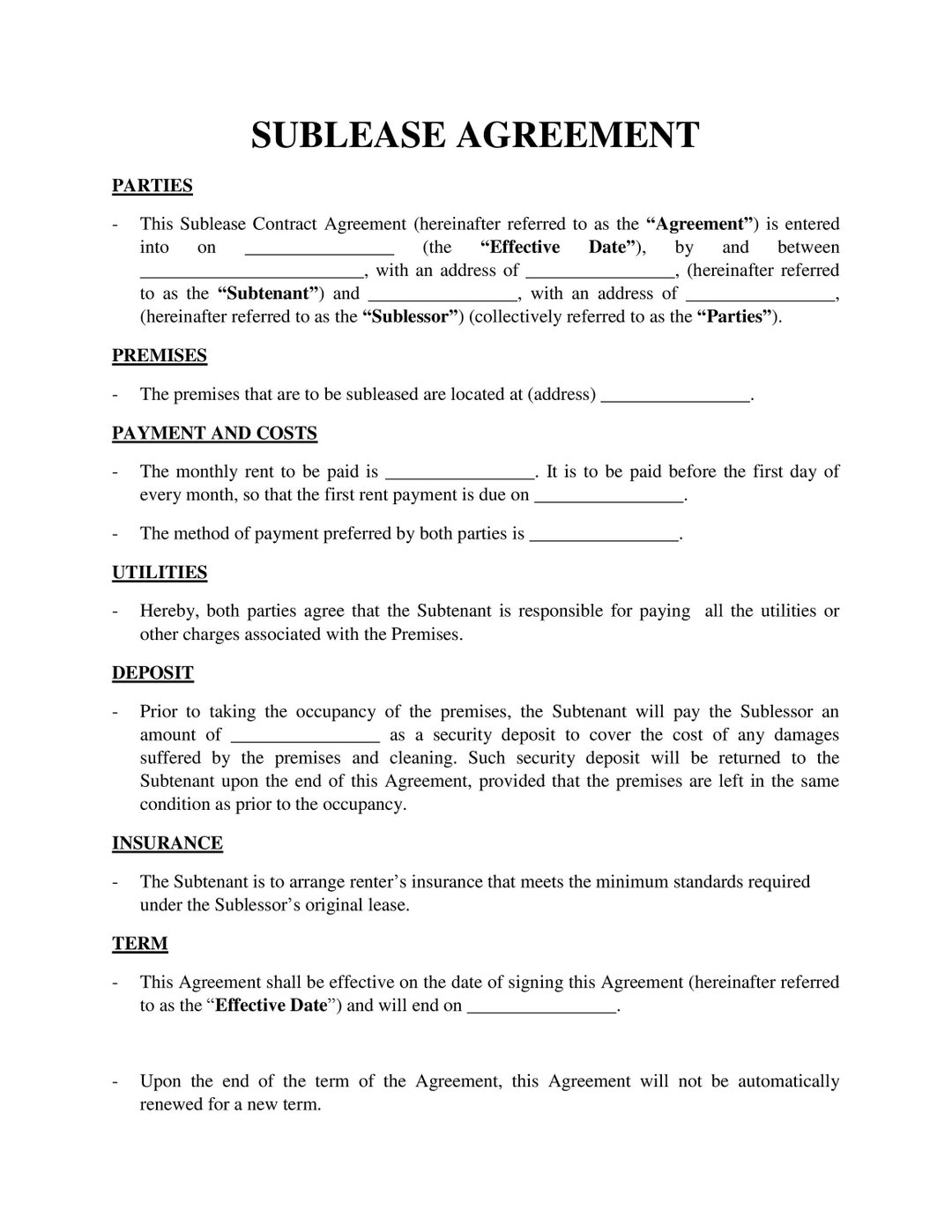 Sublease-agreement-template, Instant Download - Etsy