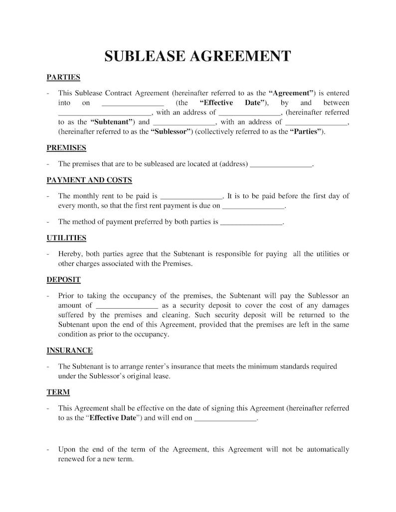 Sublease-agreement-template, Instant Download - Etsy