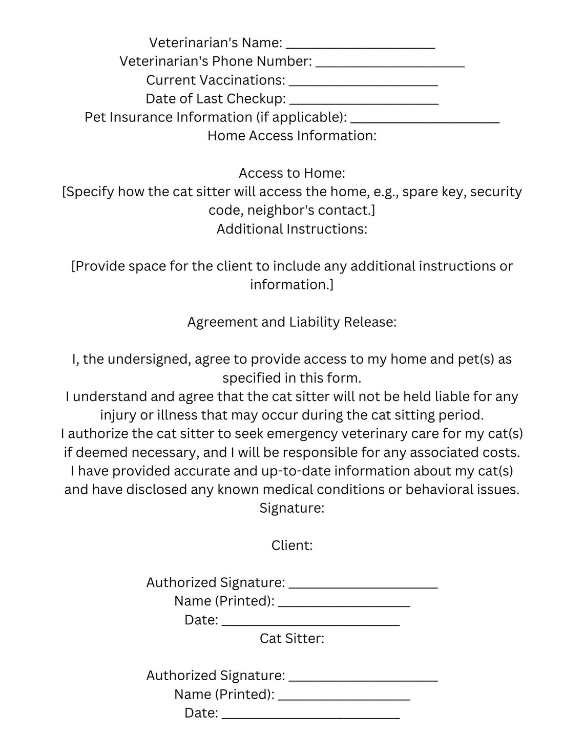 Cat Sitting Form-template - Etsy