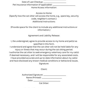 Cat Sitting Form-template - Etsy