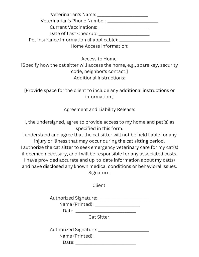 Cat Sitting Form-template - Etsy