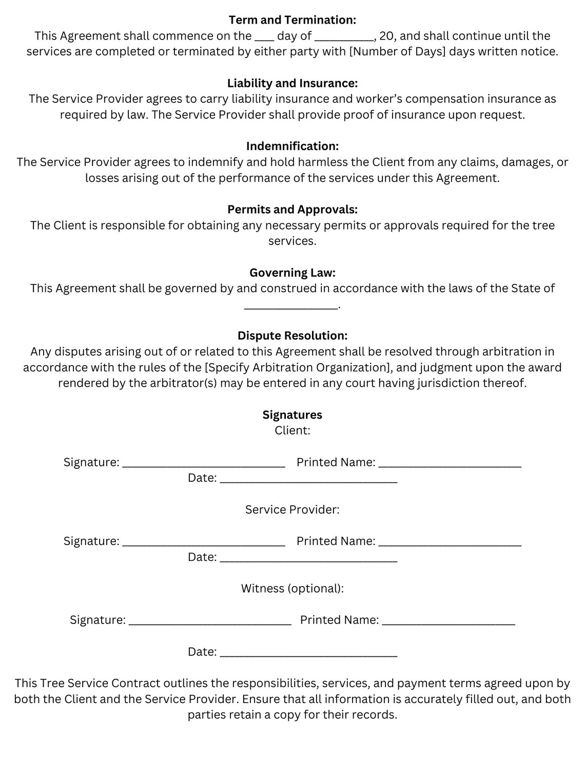 Tree Service Contract Agreement -template Download - Etsy