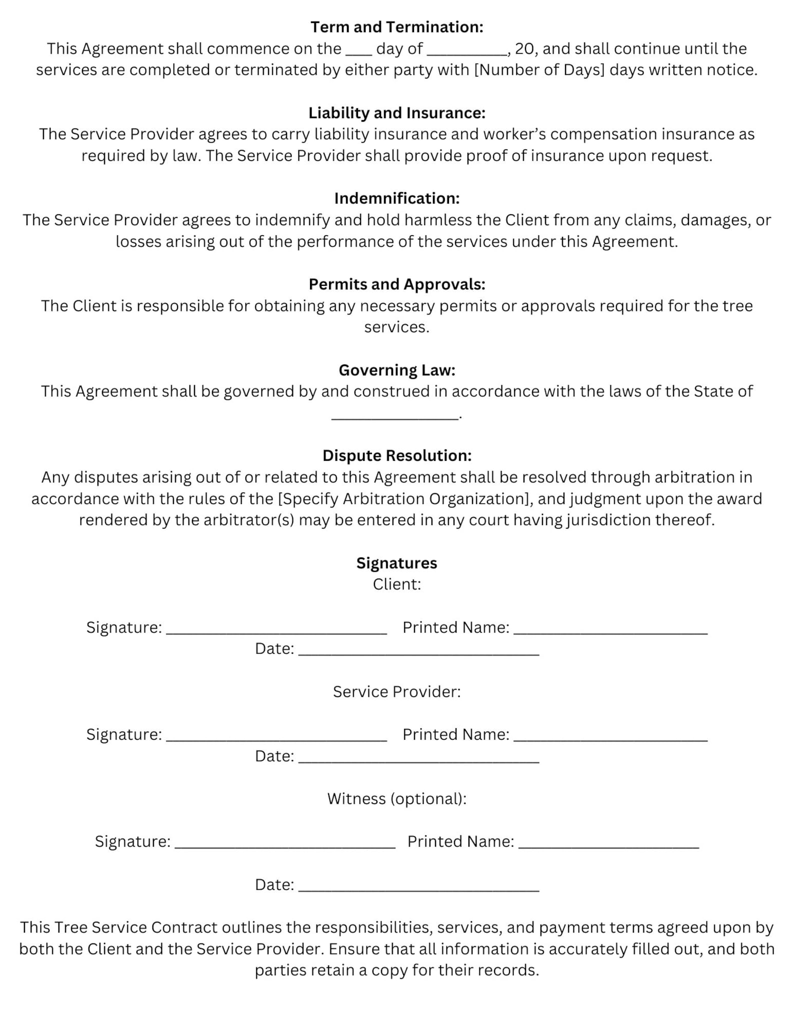 Tree Service Contract Agreement -template Download - Etsy