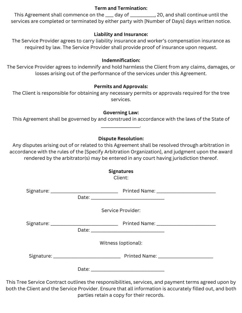 Tree Service Contract Agreement -template Download - Etsy