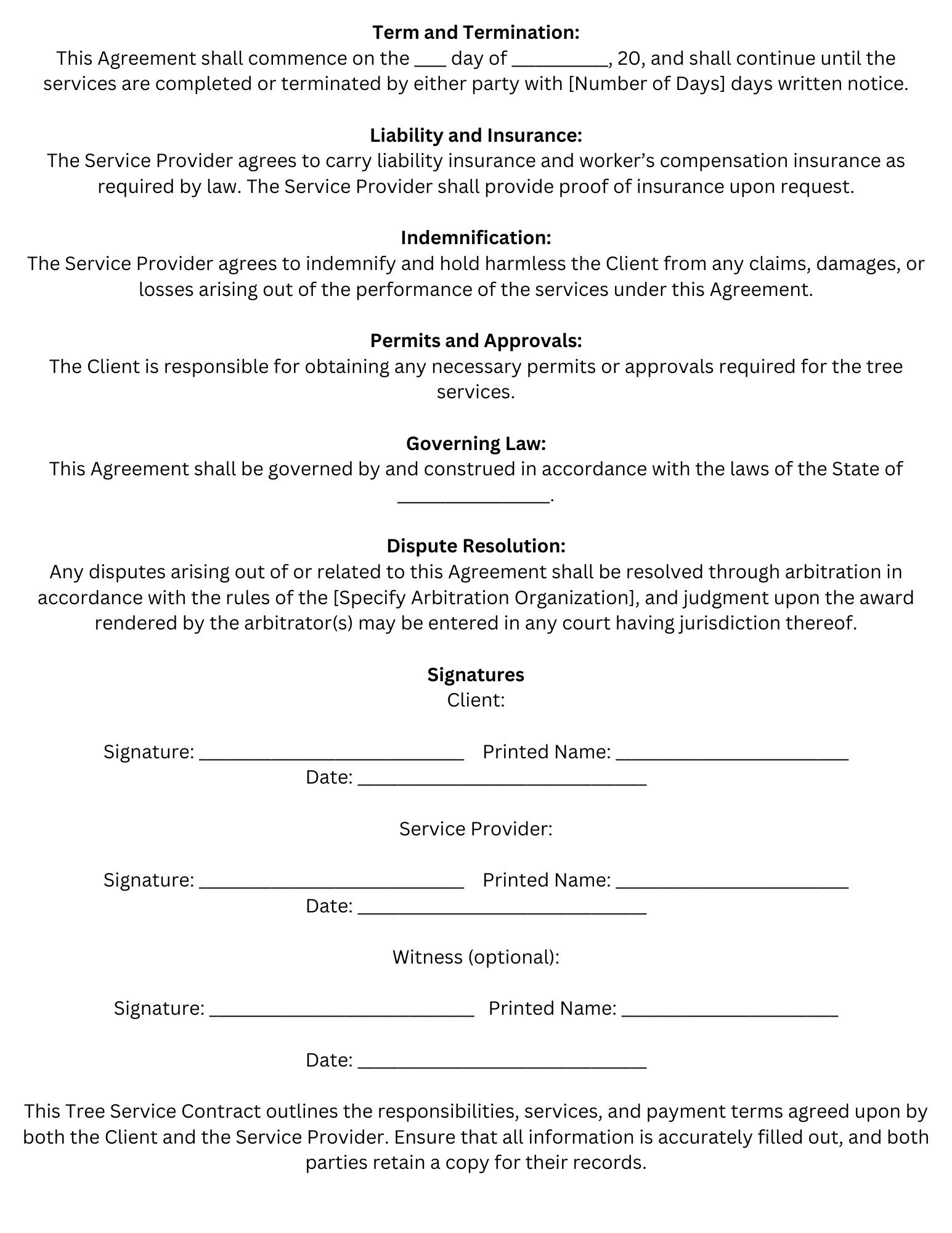 Tree Service Contract Agreement -template Download - Etsy