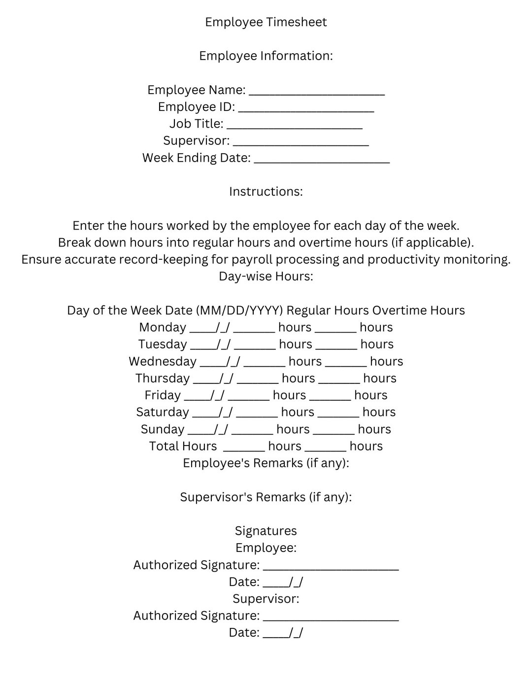 Employee Timesheet - Fillable - Etsy